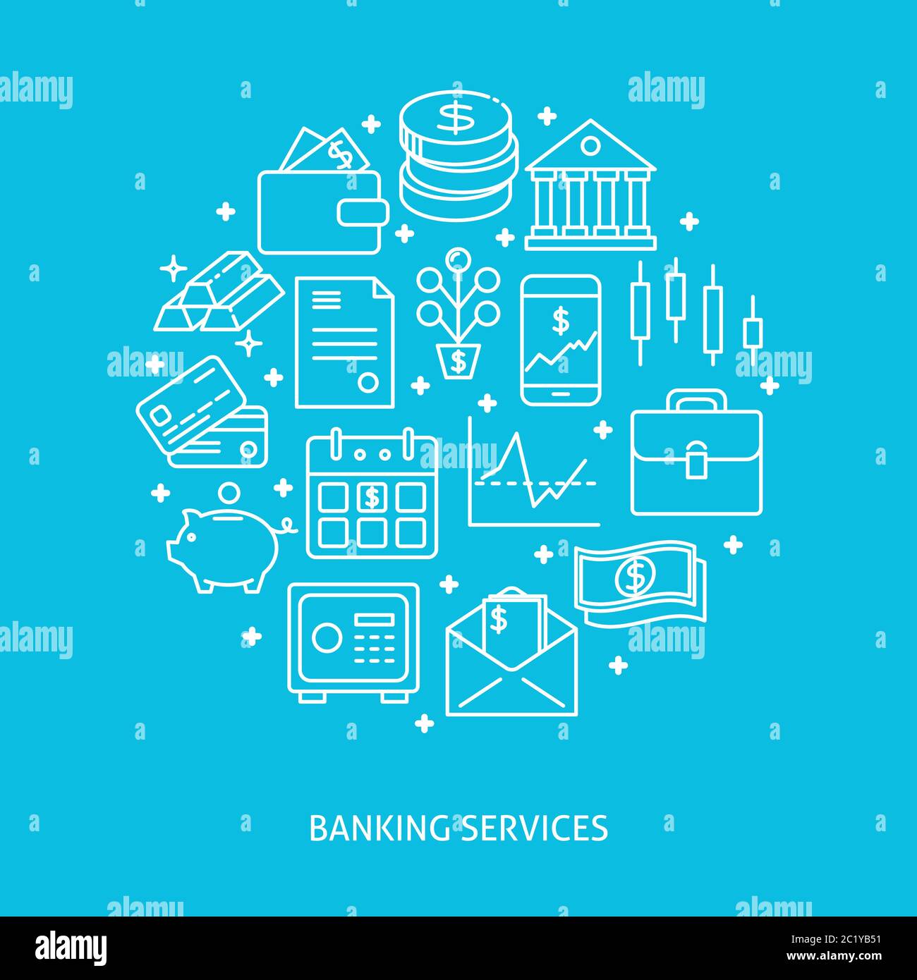 Banking services round concept banner in line style with place for text ...