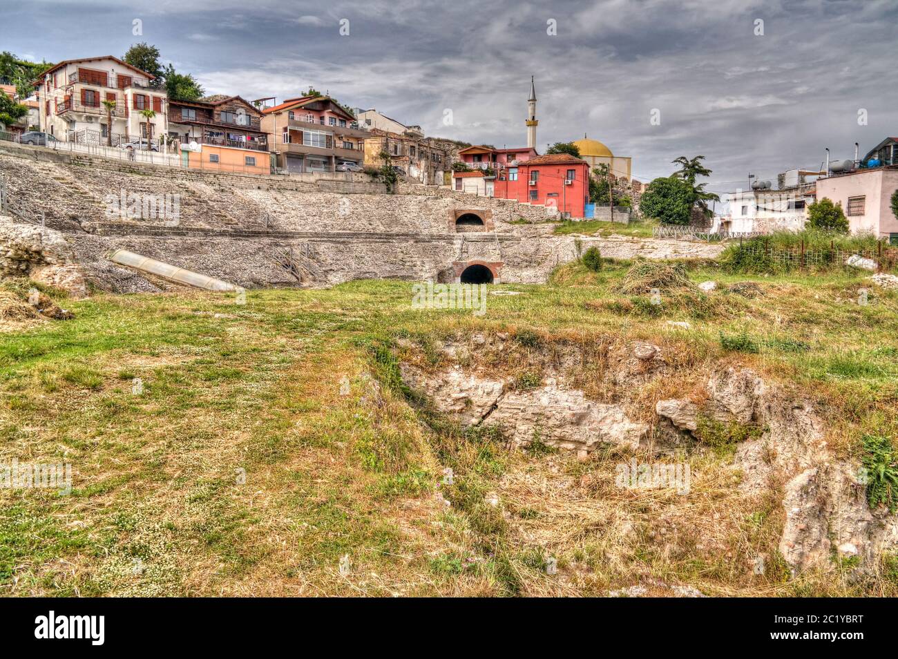 Exterior view to ancient roman Amphitheatre in Durres , Albania Stock ...