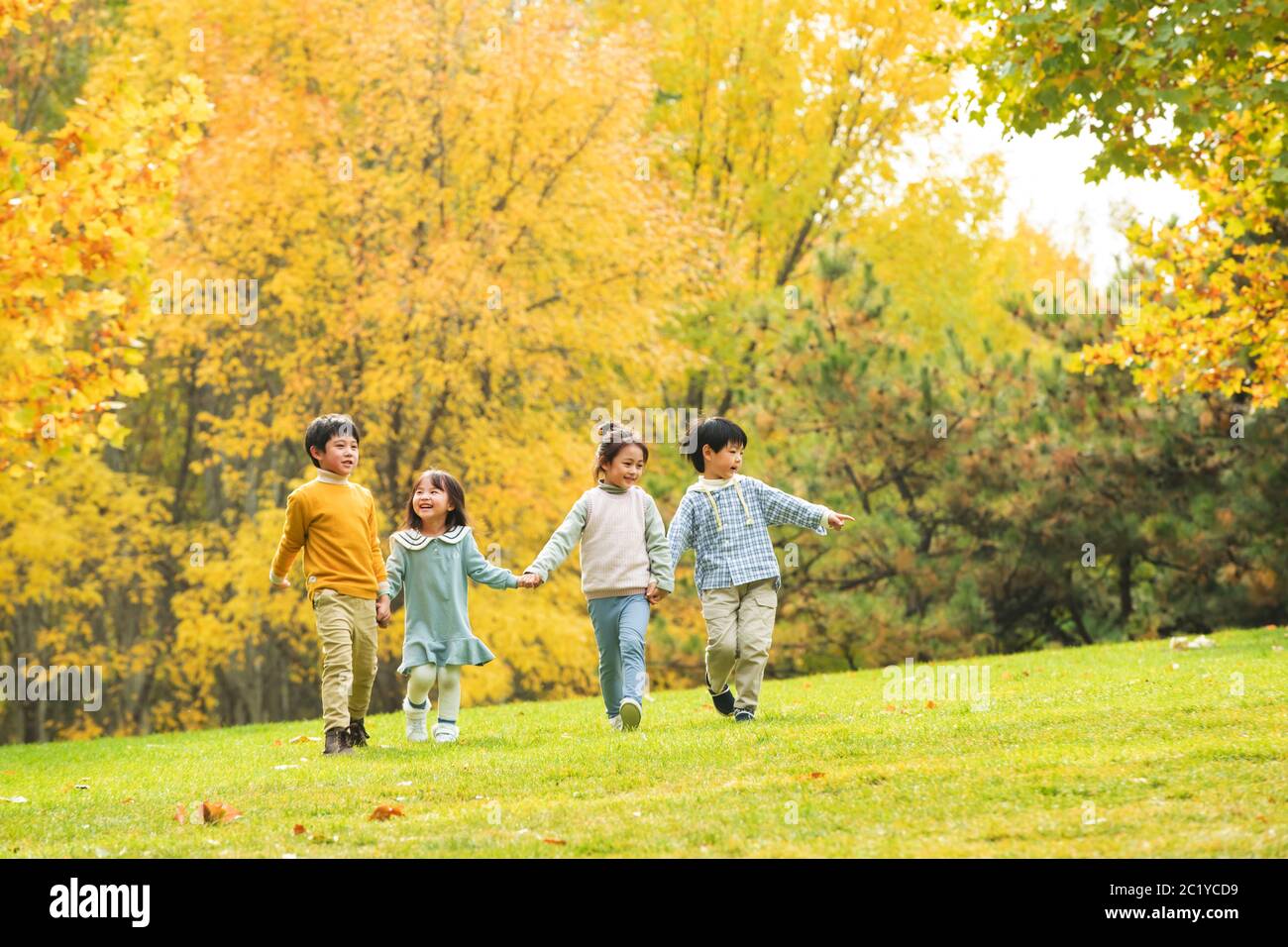 Happy children hand in hand walk in the park Stock Photo - Alamy