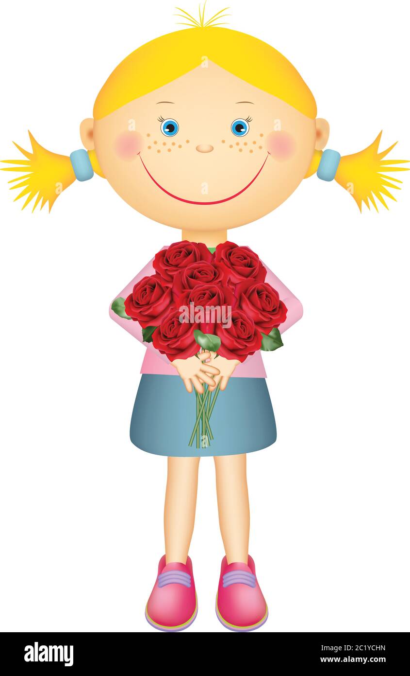 Cute little girl holding a bouquet of red roses. Isolated on white ...