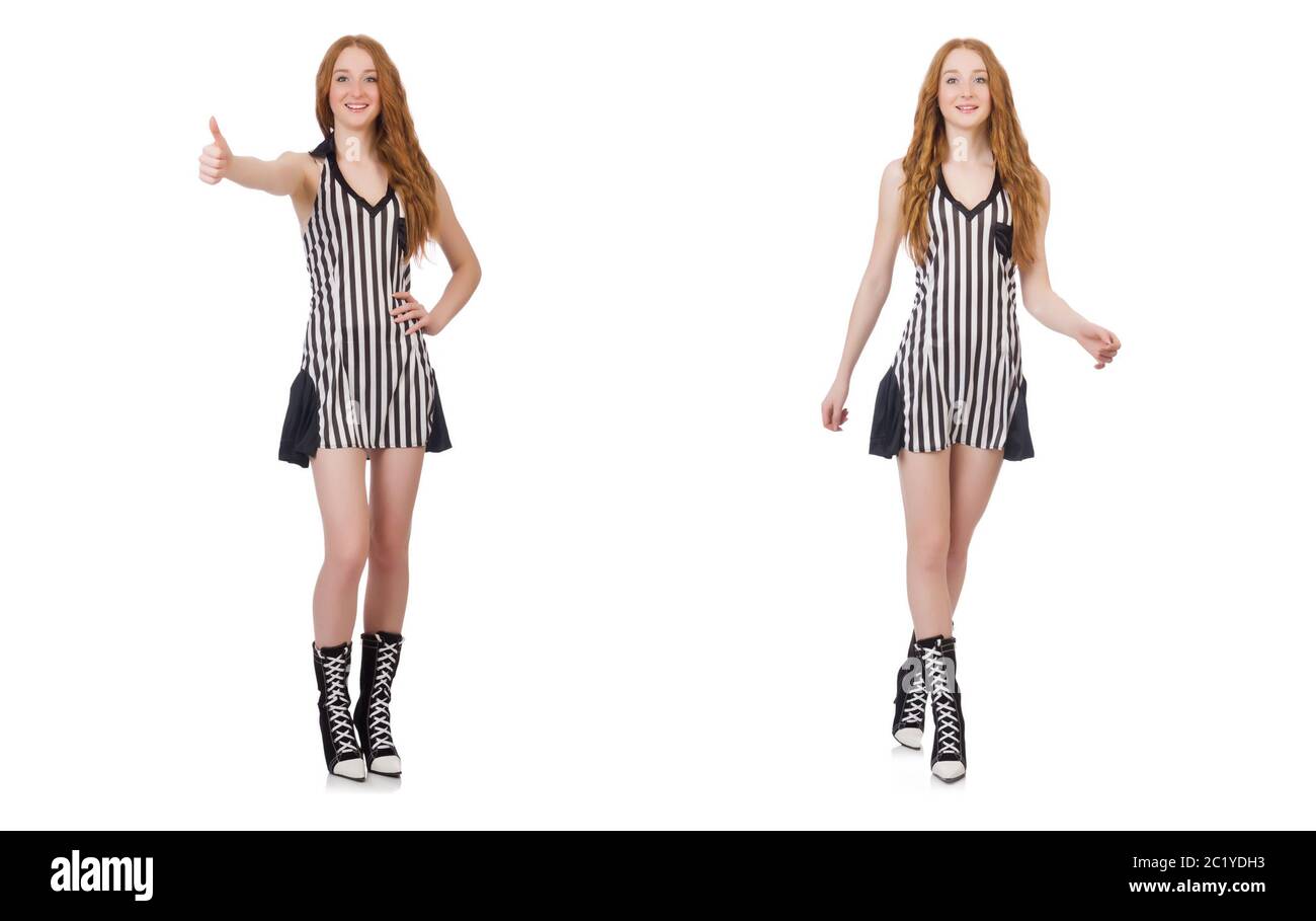 Beautiful woman in striped dress Stock Photo - Alamy