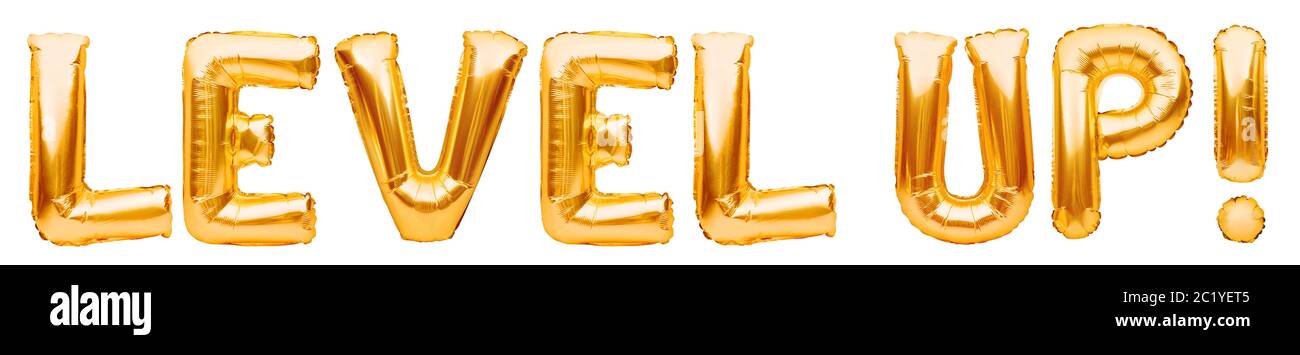 Words LEVEL UP made of golden inflatable balloons isolated on white ...