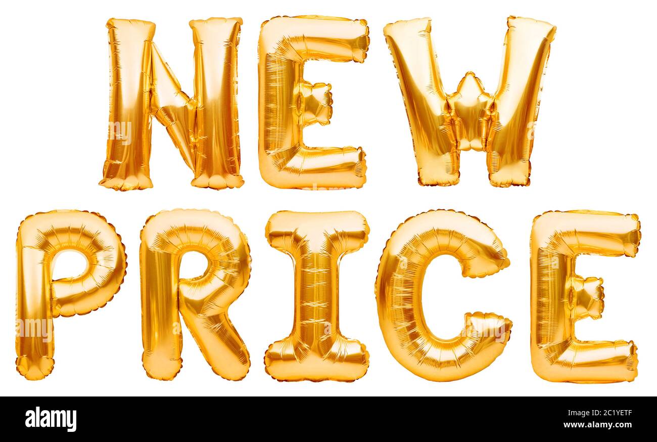 Words NEW PRICE made of golden inflatable balloons isolated on white ...