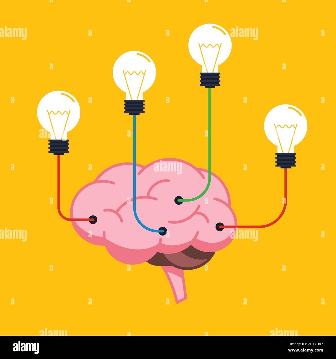 Creative thinking idea concept flat design, A brain connected with light bulb by electric wire ...