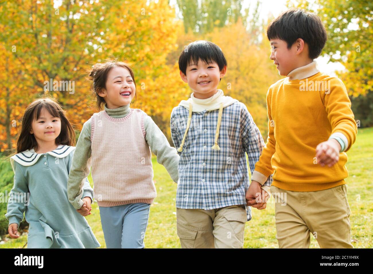 Happy children hand in hand walk in the park Stock Photo - Alamy