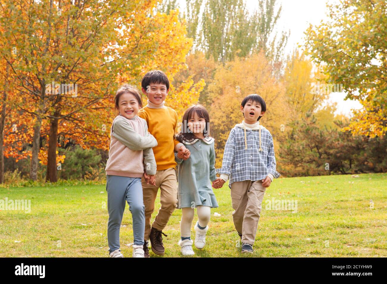 Happy children hand in hand walk in the park Stock Photo - Alamy