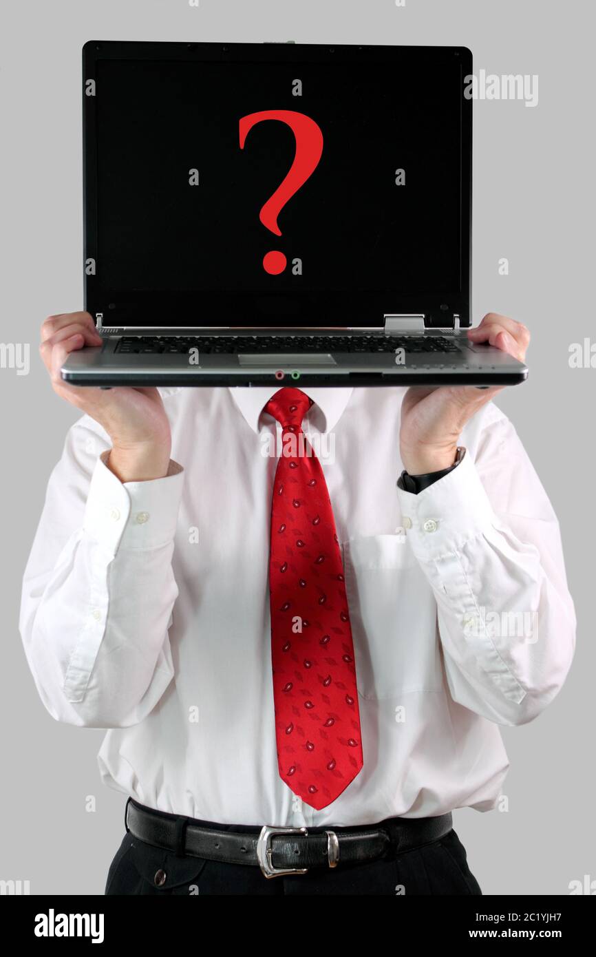 Laptop with question mark Stock Photo - Alamy