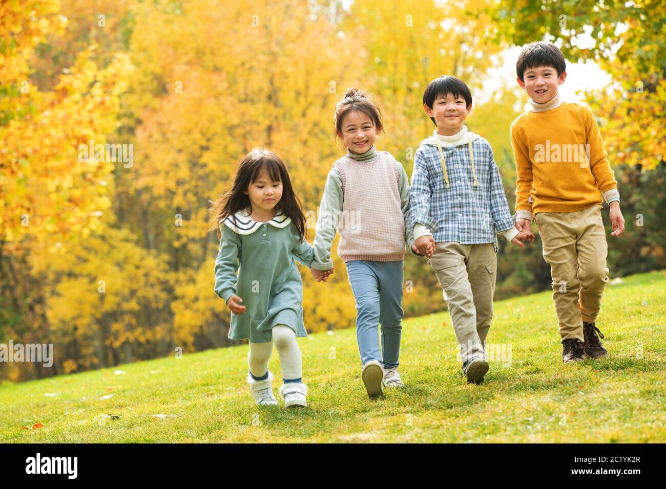 Happy children hand in hand walk in the park Stock Photo - Alamy