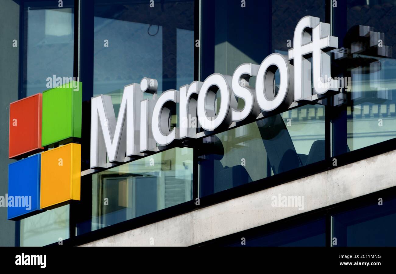 Microsoft logo company on the window facade of the new Microsoft ...