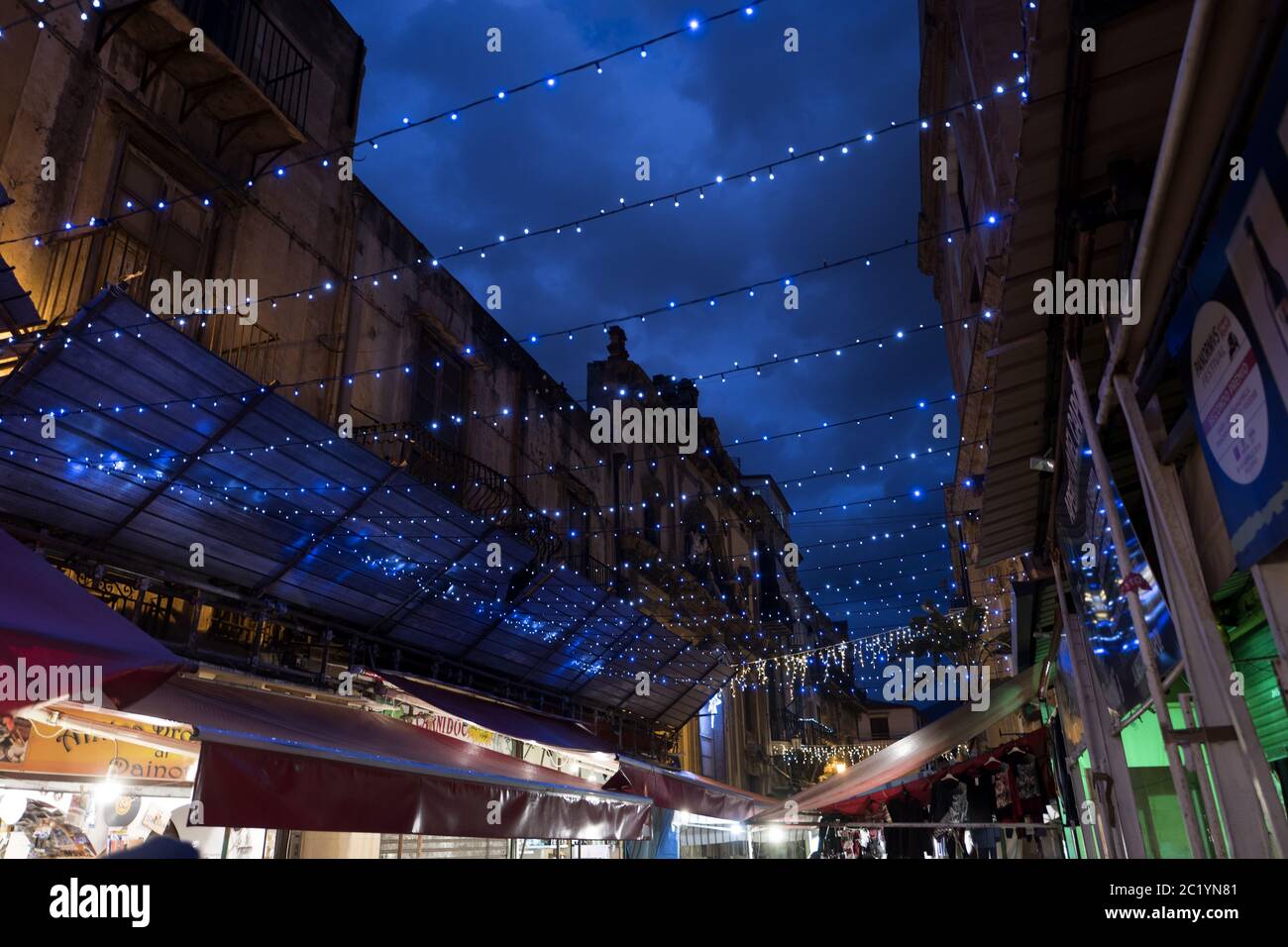 Christmas lights illuminated at night on the historical city centre ...