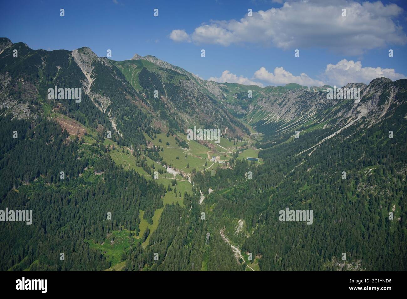 Aerial view of AllgÃ¤uer and Tyrolean mountains and valleys Stock Photo ...