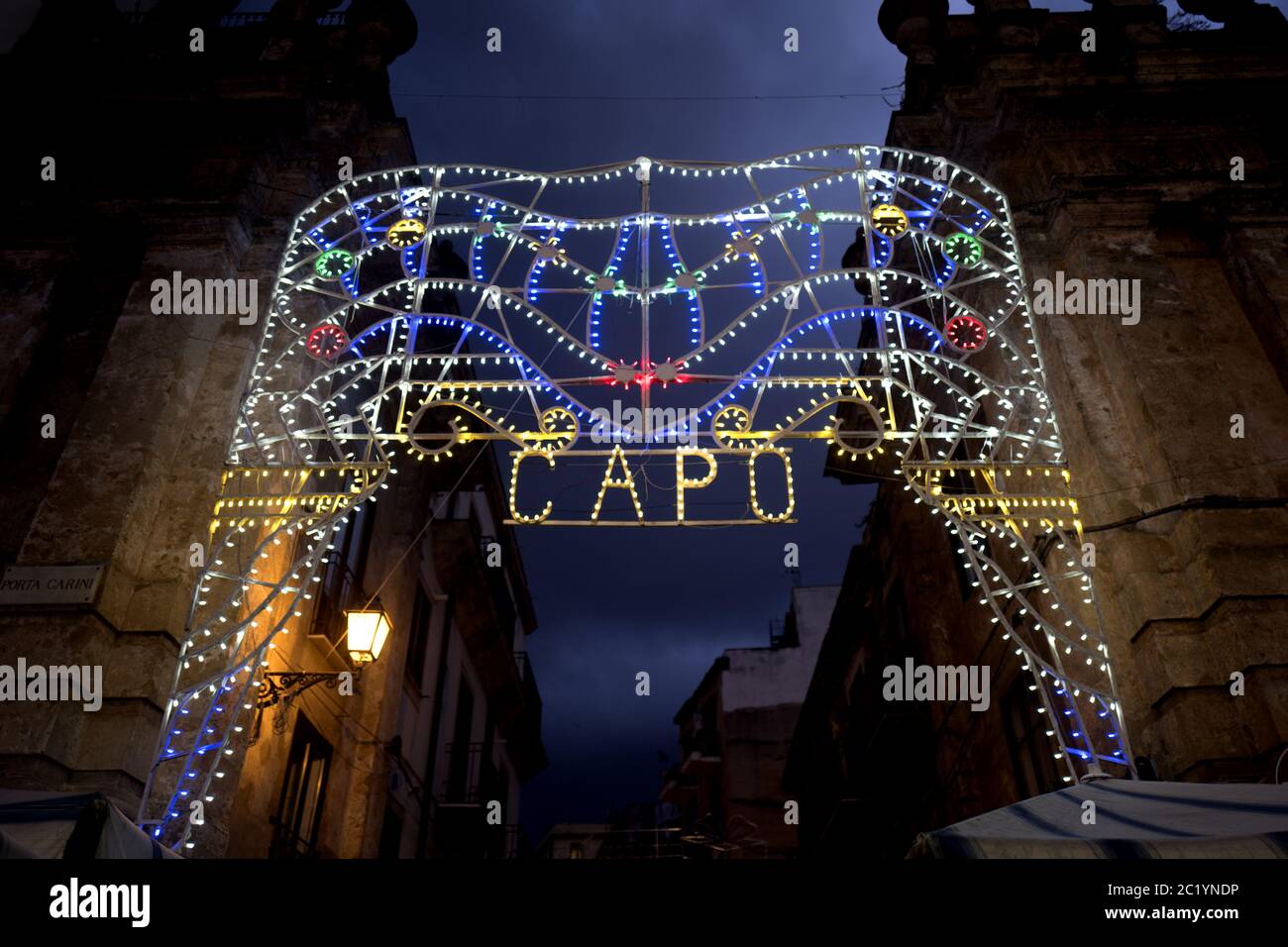 Christmas lights illuminated at night on the historical city centre ...