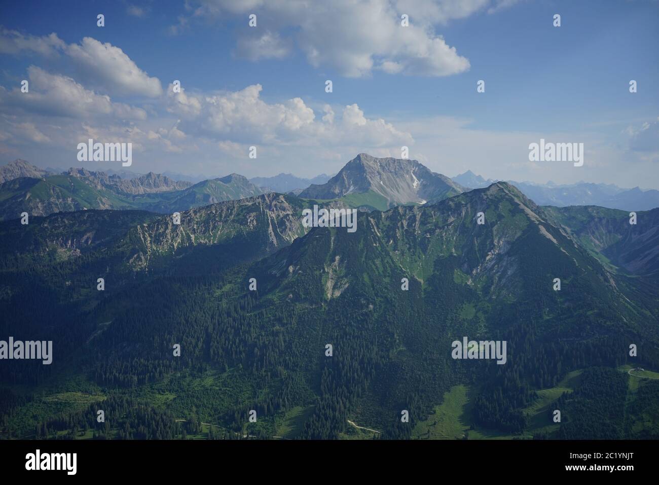Aerial view of AllgÃ¤uer and Tyrolean mountains and valleys Stock Photo ...