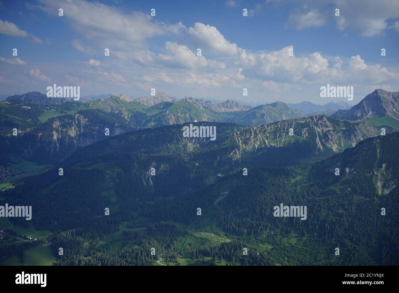Aerial view of AllgÃ¤uer and Tyrolean mountains and valleys Stock Photo ...
