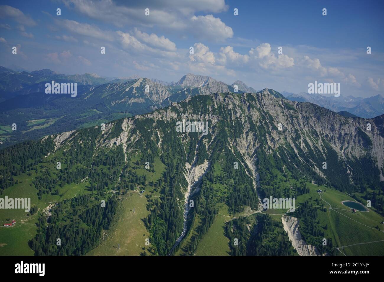 Aerial view of AllgÃ¤uer and Tyrolean mountains and valleys Stock Photo ...