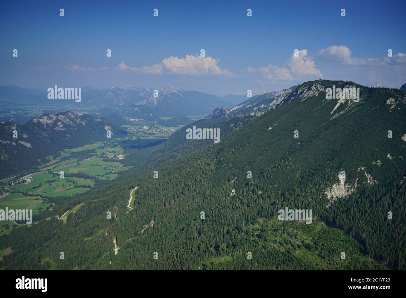 Aerial view of AllgÃ¤uer and Tyrolean mountains and valleys Stock Photo ...