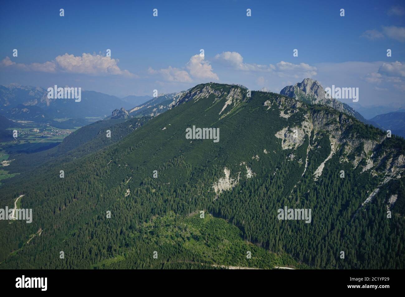 Aerial view of AllgÃ¤uer and Tyrolean mountains and valleys Stock Photo ...