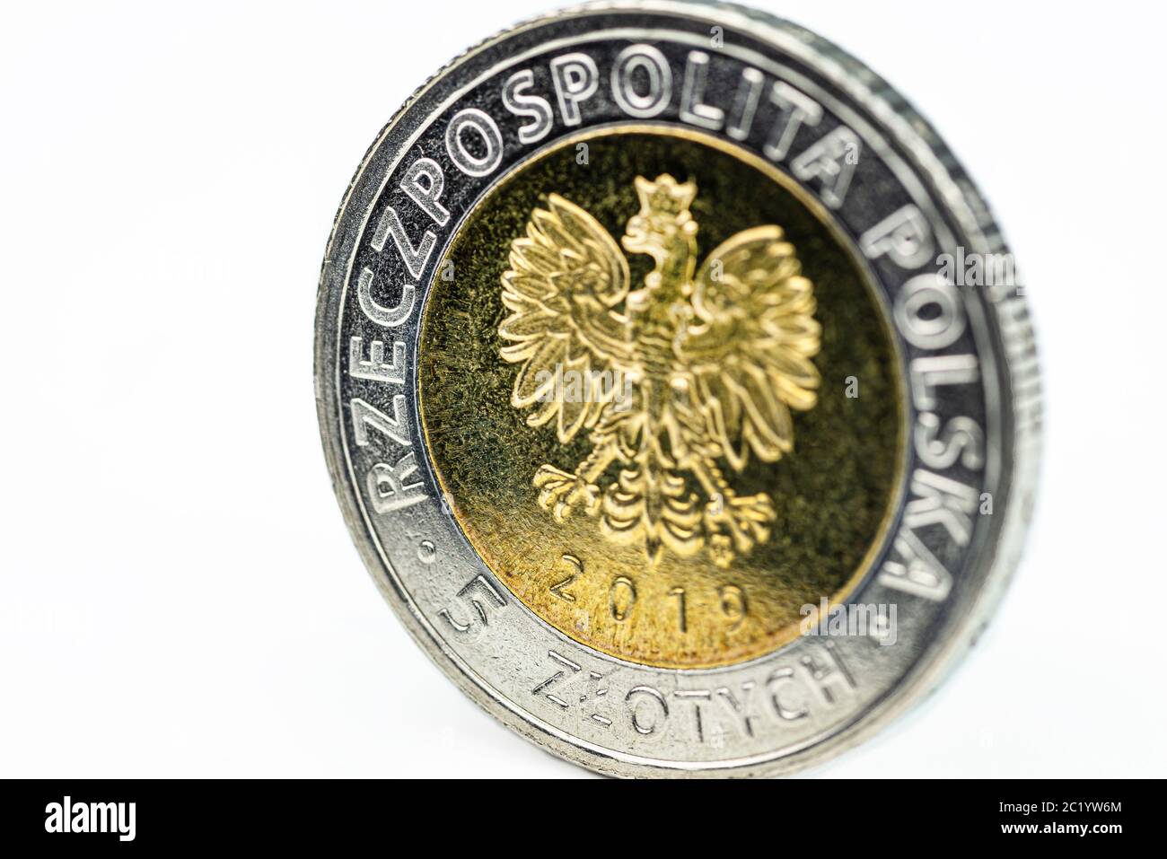 Macro shot of the obverse of a Polish 5 PLN coin made in 2019, isolated ...