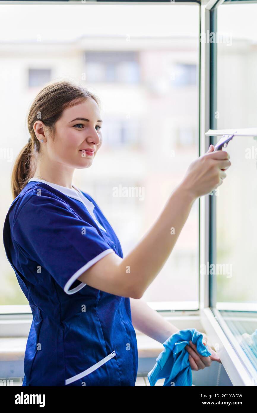 Attractive Woman Washing the Window with spray and rag Stock Photo - Alamy