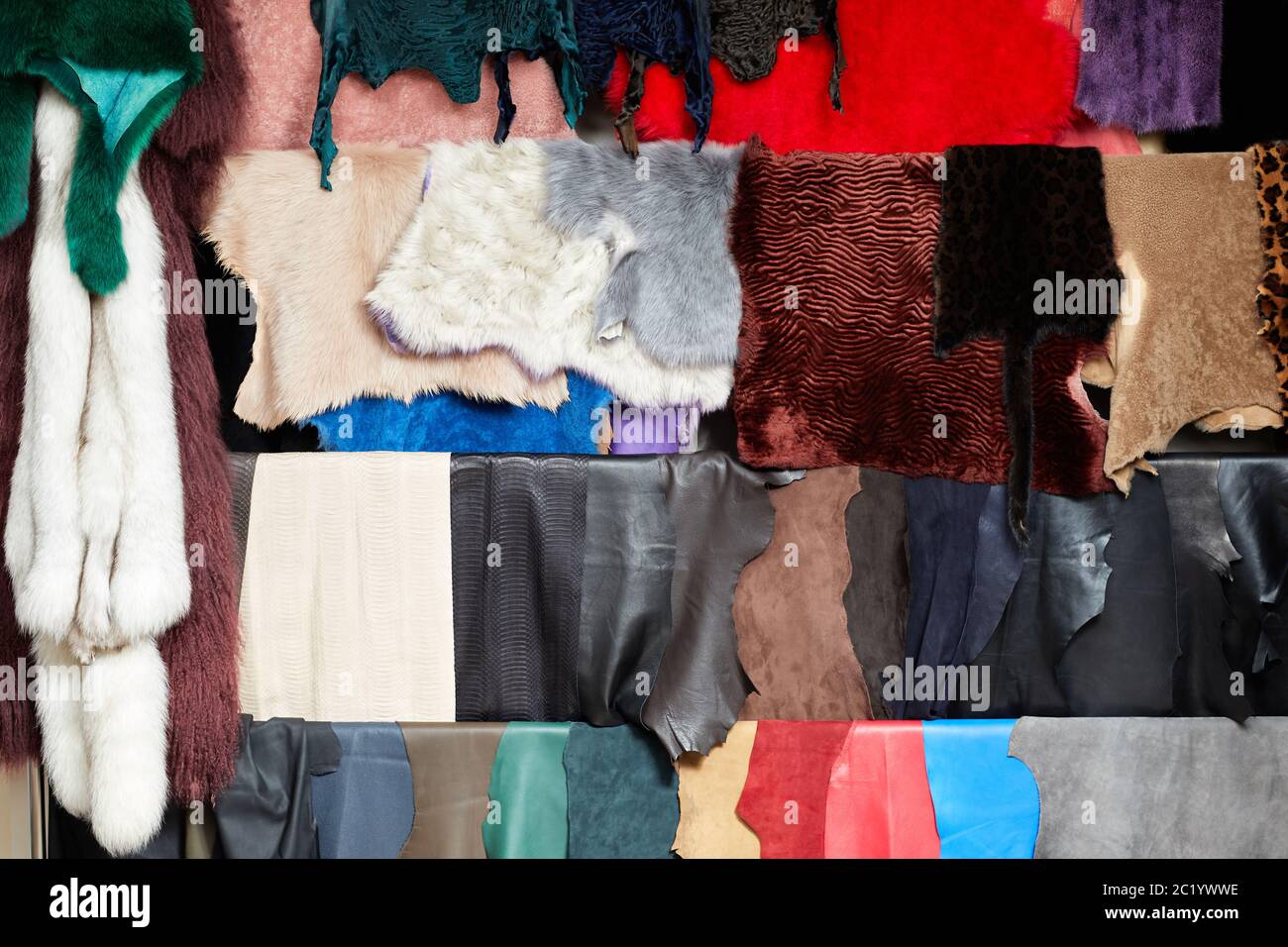different types of multicolored fur skins. Warehouse of fur Stock Photo ...
