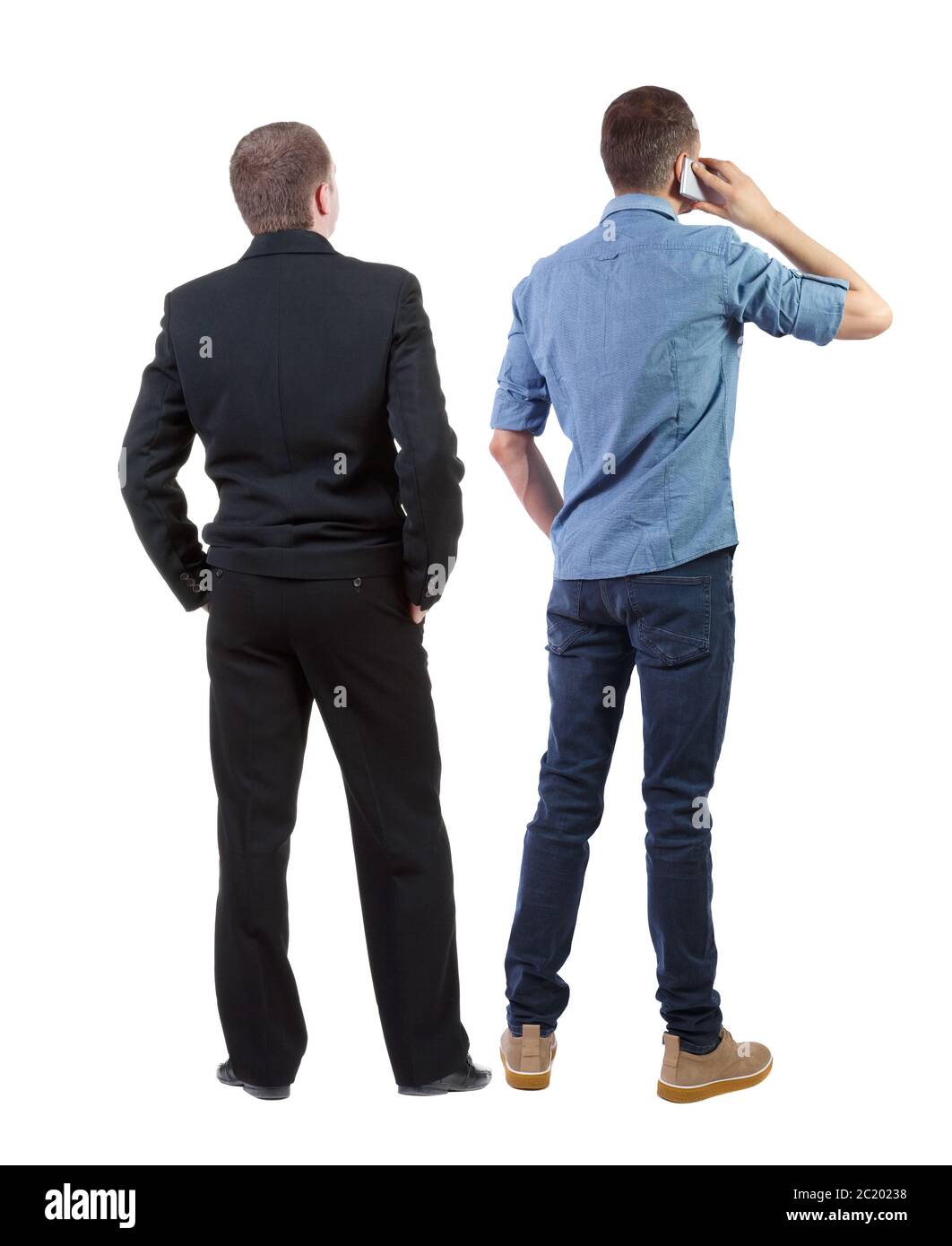 Back view of two business man in suit with mobile phone. Business team ...