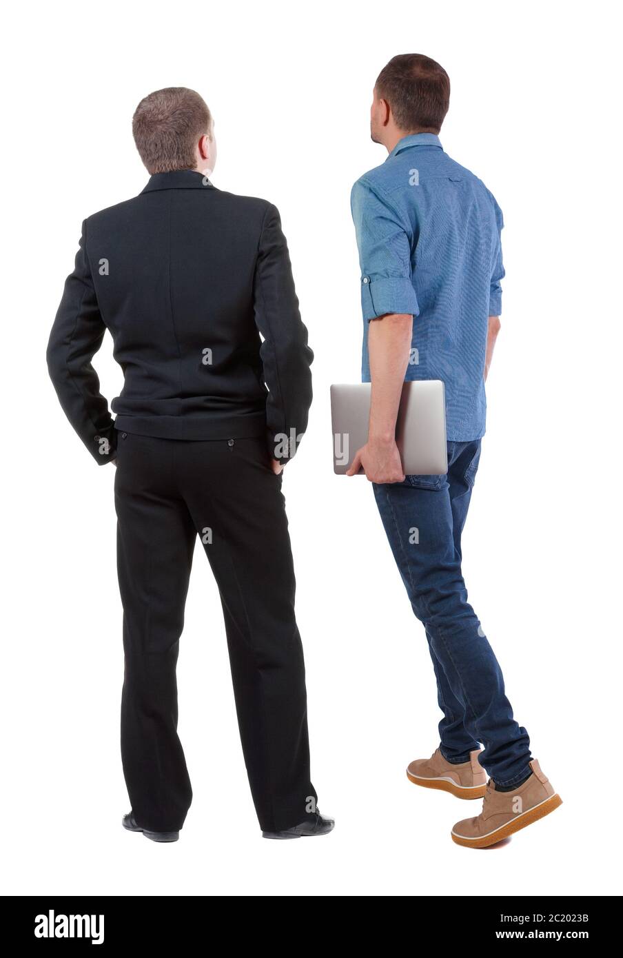 Back view of two business man in suit with laptop. Rear view people ...