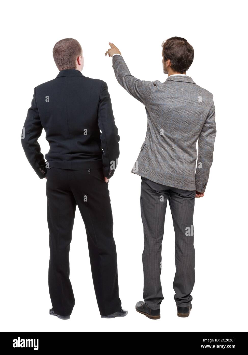 Back view of two business men in suit pointing. Rear view people ...