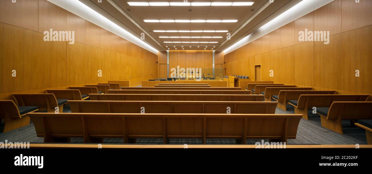 Wide angle panaramic view from the back of a new courtroom Stock Photo ...