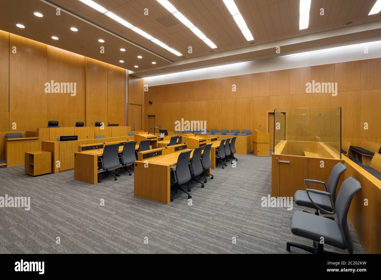 New modern courtroom viewed from the side, all setup and ready for the ...