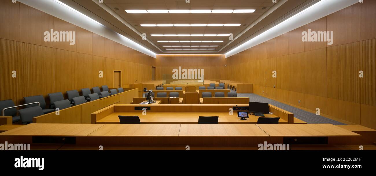 Wide angle panoramic view of a new courtroom from the Bench Stock Photo ...