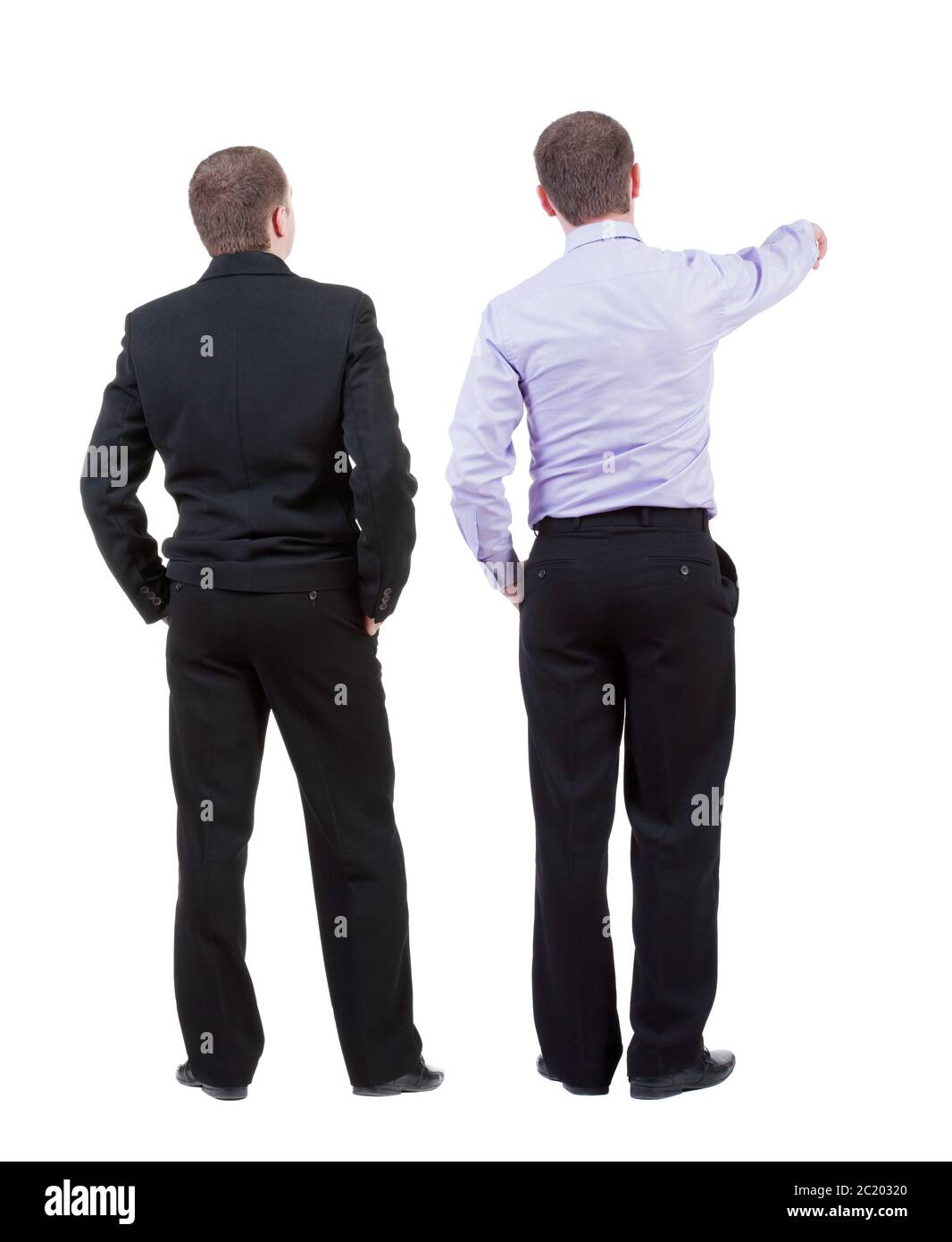 Back view of two business men in suit pointing. Rear view people ...