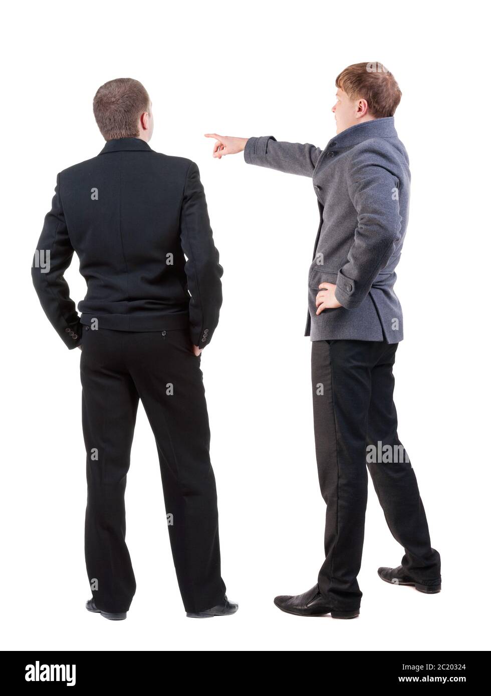 Back view of two business men in suit pointing. Rear view people ...