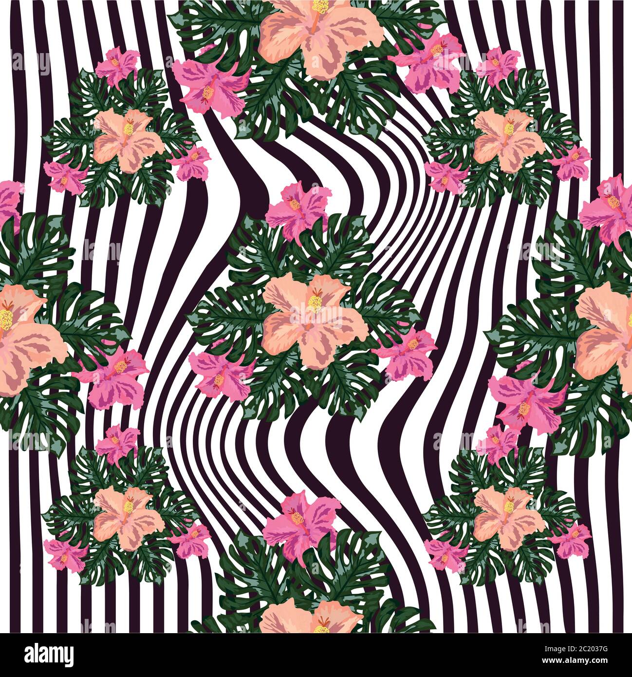 Exotic seamless pattern with tropical leaves and flowers on a black ...