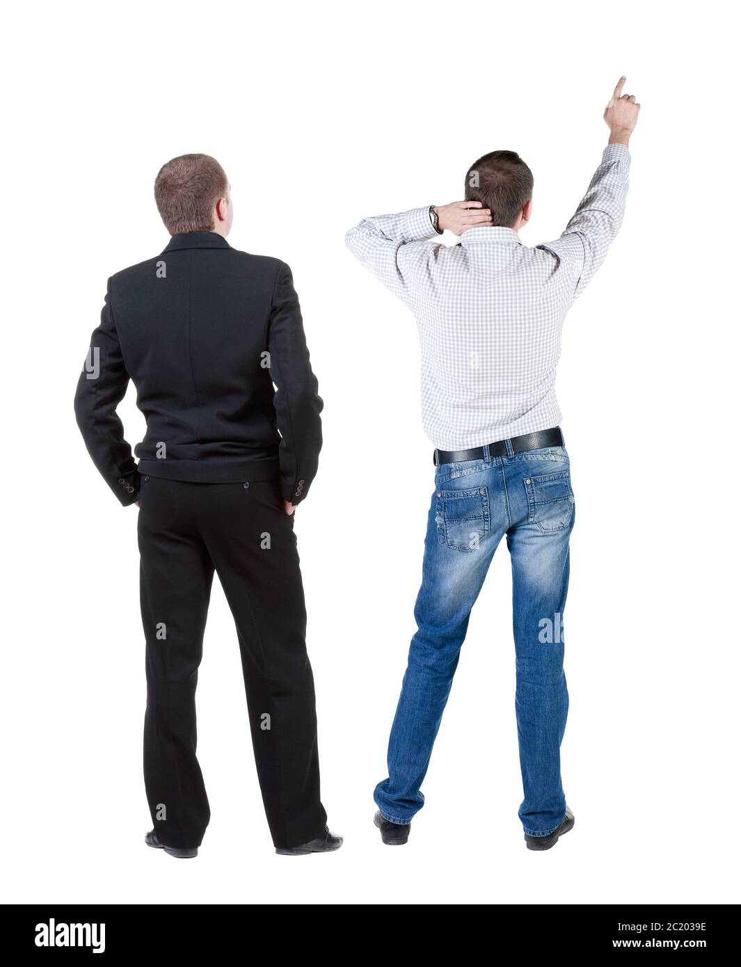 Back view of two business men in suit pointing. Rear view people ...