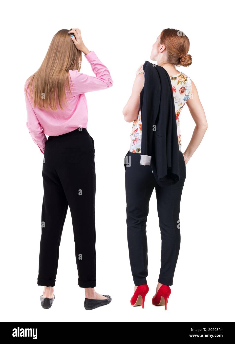 Back view of two business woman in suit. Business team. Rear view ...