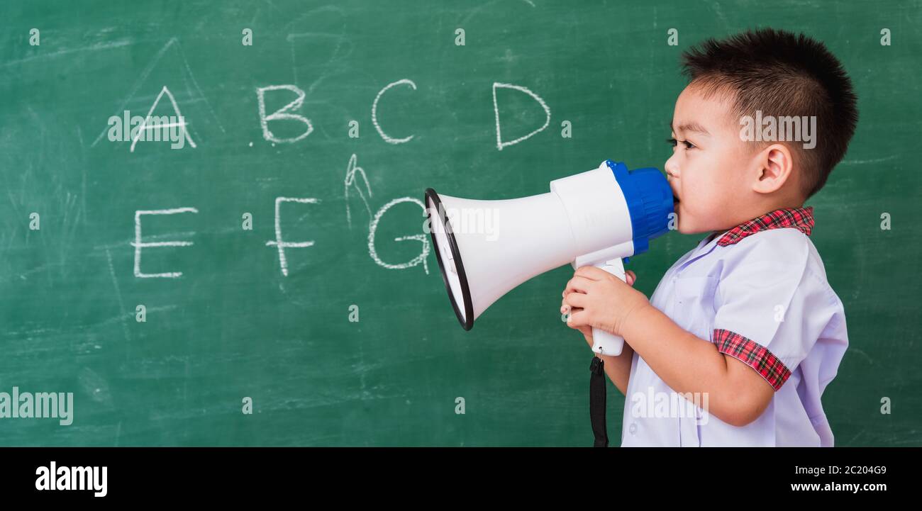 Back to School. Asian funny cute little child boy kindergarten ...