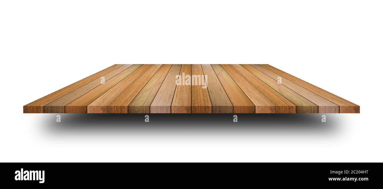 Empty top of wooden table or counter isolated on white background. For ...