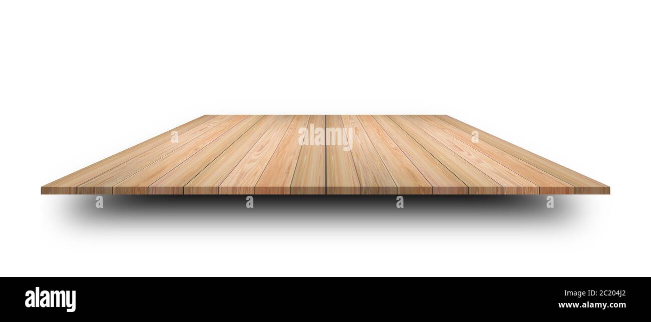 Empty top of wooden table or counter isolated on white background. For ...