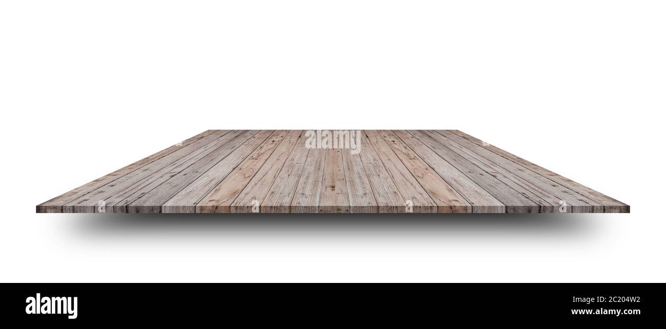 Empty top of wooden table or counter isolated on white background. For ...