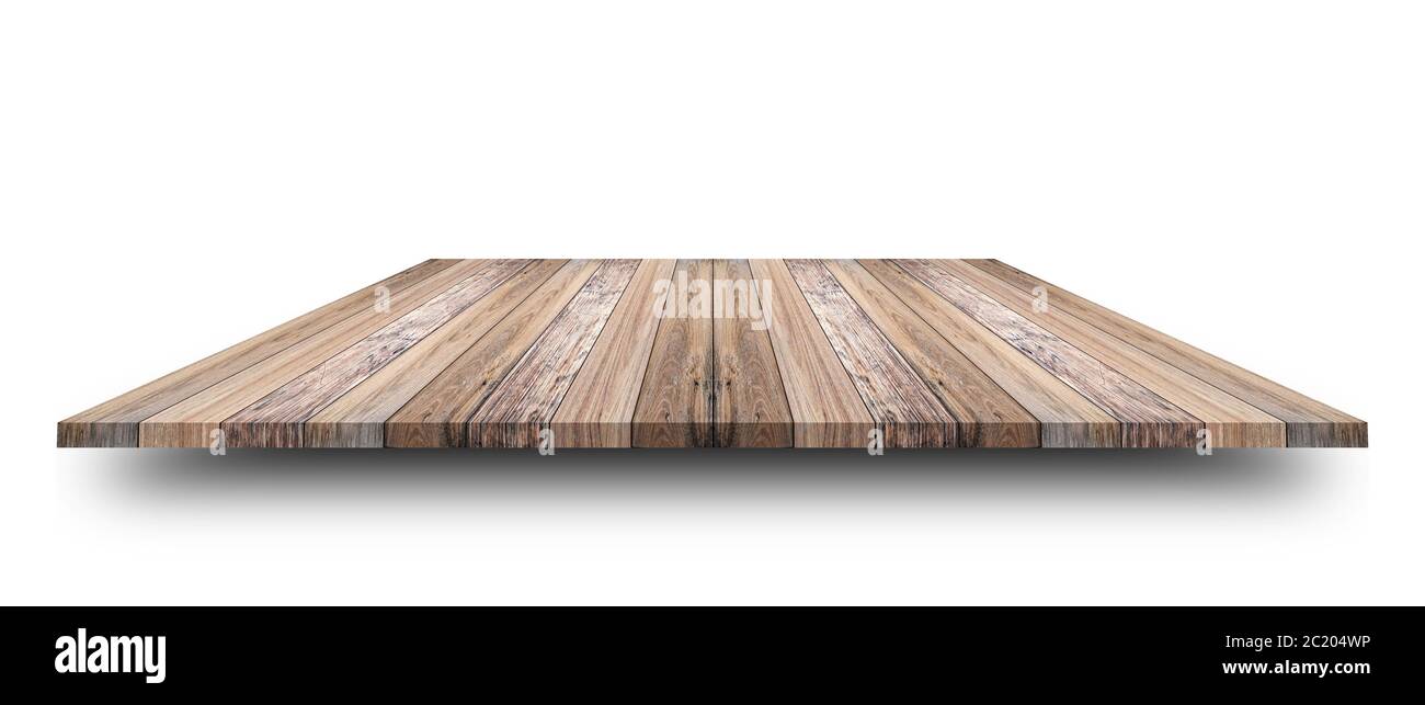 Empty top of wooden table or counter isolated on white background. For ...