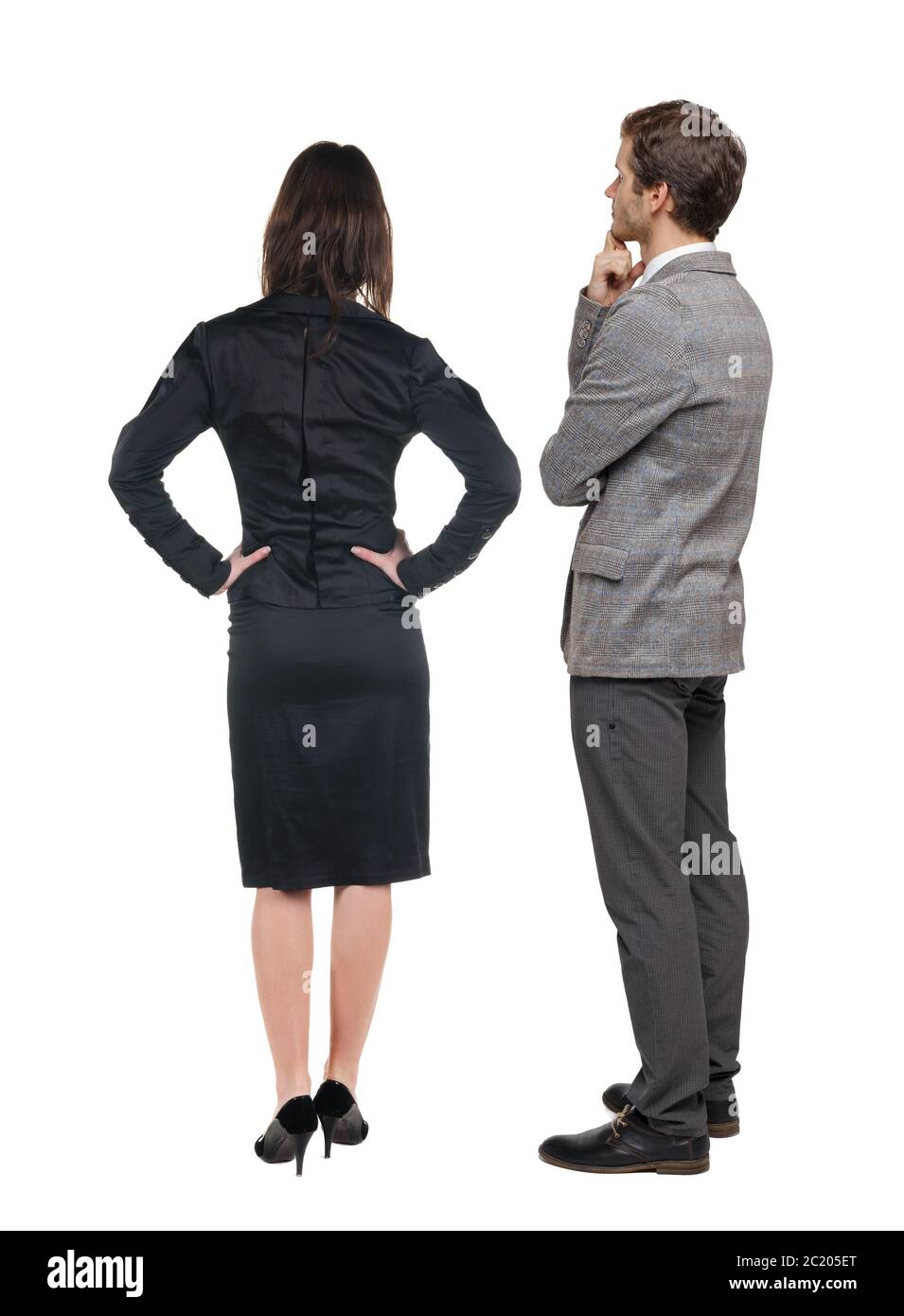 Back view of business woman and business man in suit. Business team ...