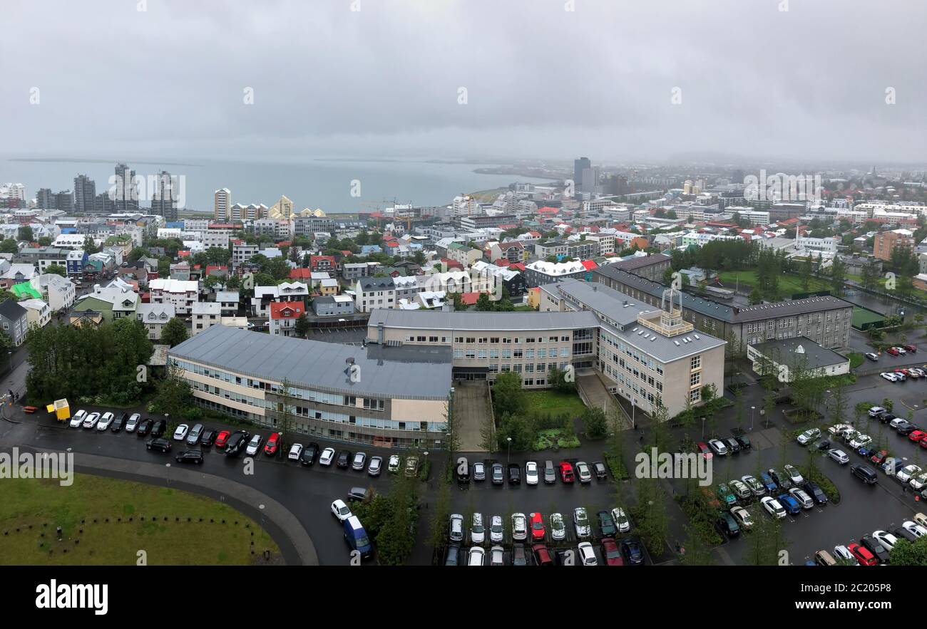 Beautiful wide-angle aerial view of Reykjavik, Iceland, with scenery ...