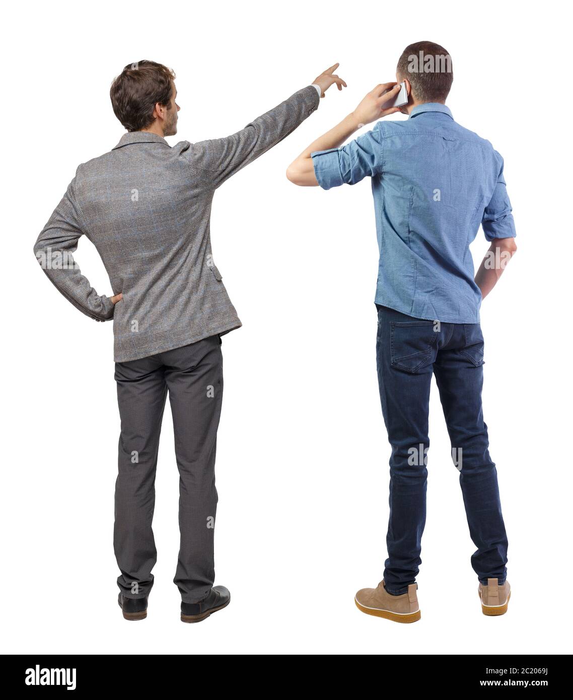 Back view of two business man in suit with mobile phone. Business team ...