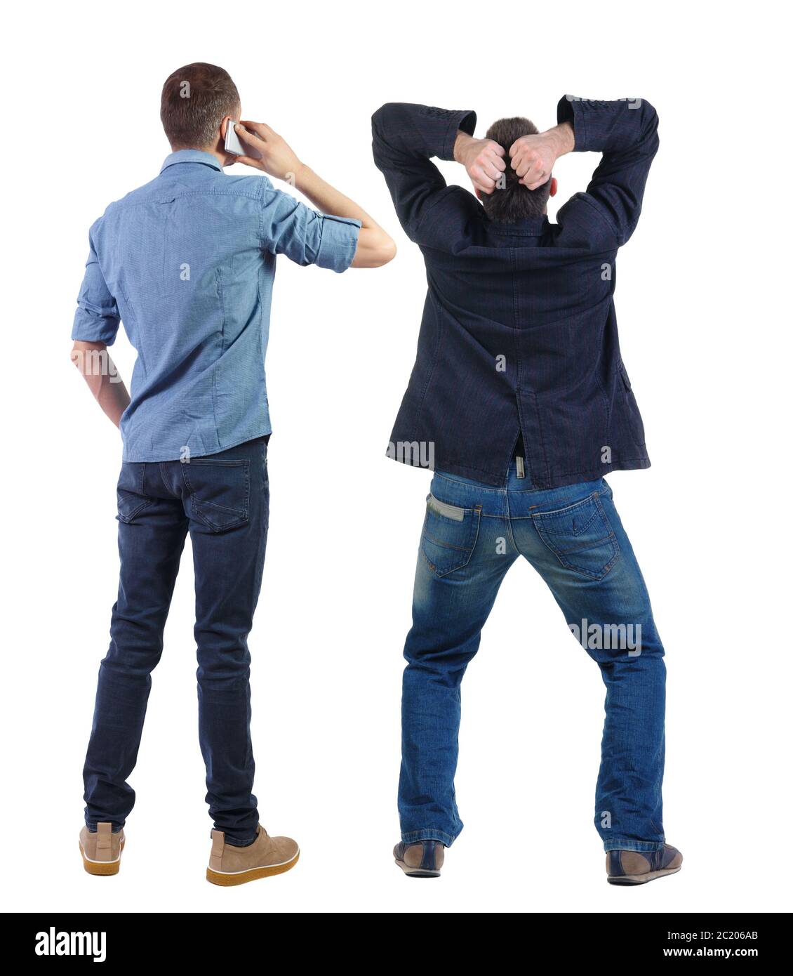 Back view of two business man in suit with mobile phone. Business team ...