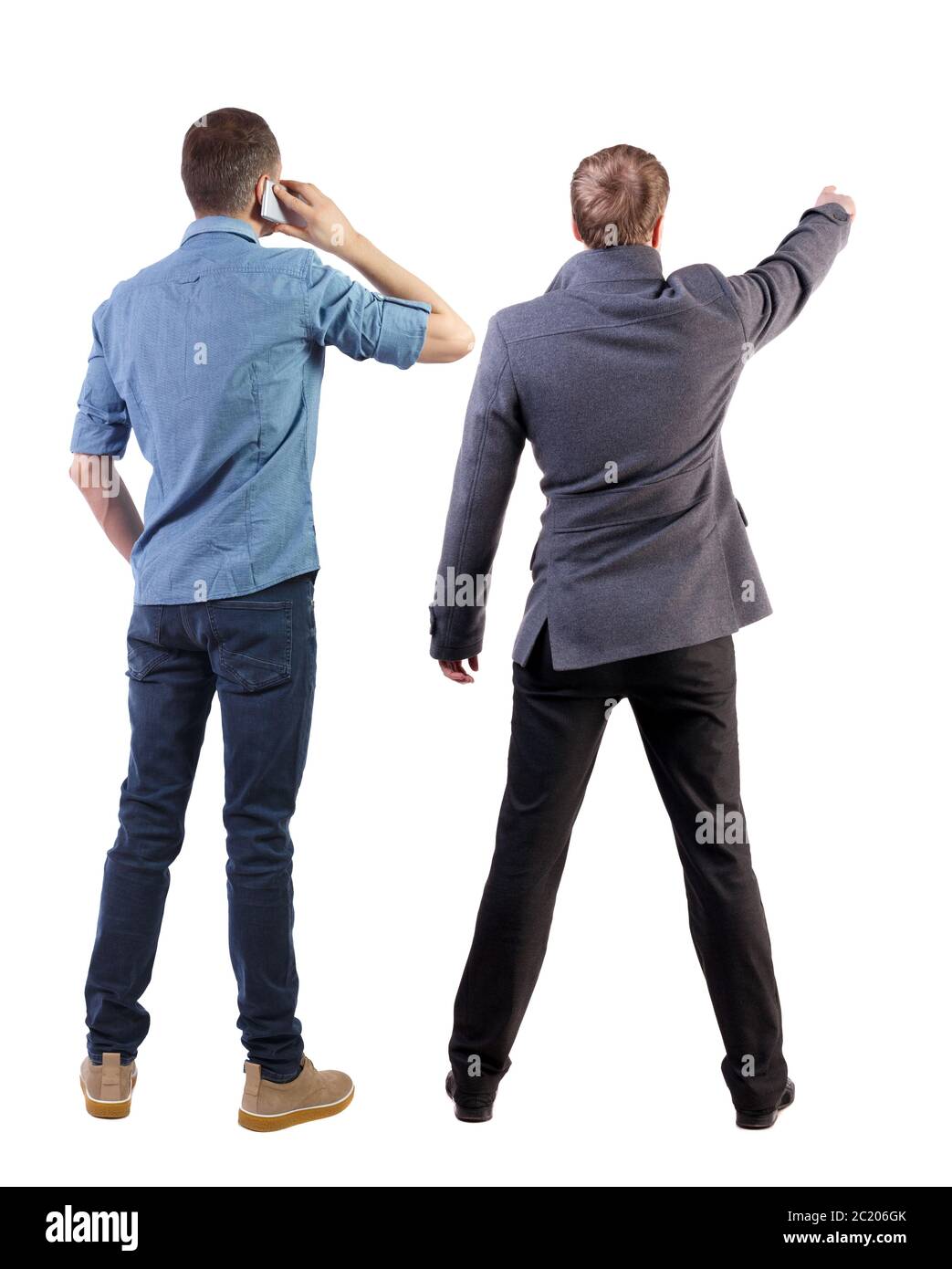 Back view of two business man in suit with mobile phone. Business team ...