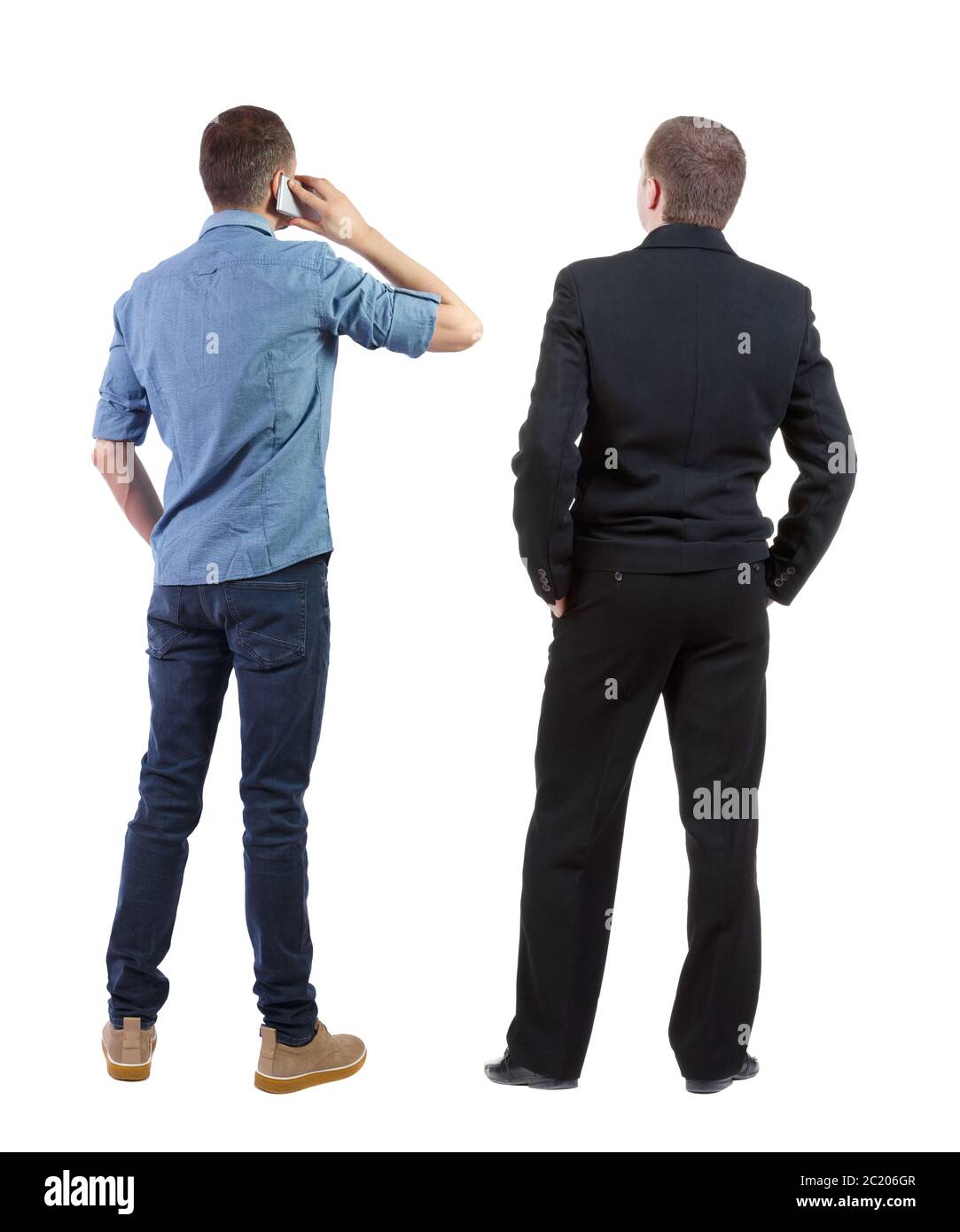 Back view of two business man in suit with mobile phone. Business team ...