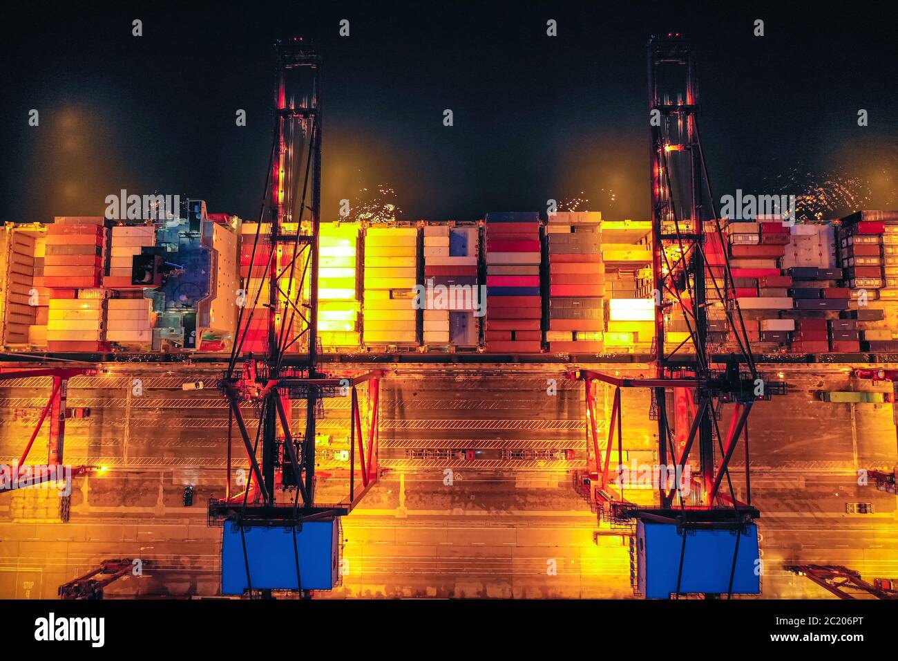 Aerial view of Container port terminal at twilight in Hong Kong Stock ...