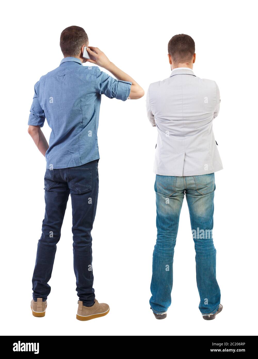Back view of two business man in suit with mobile phone. Business team ...