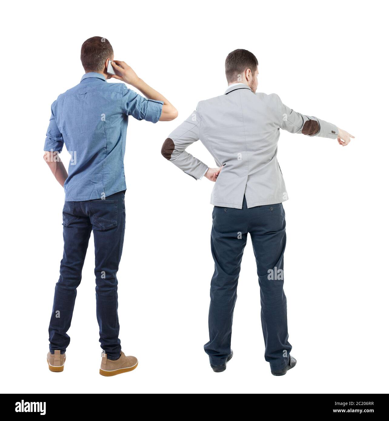 Back view of two business man in suit with mobile phone. Business team ...