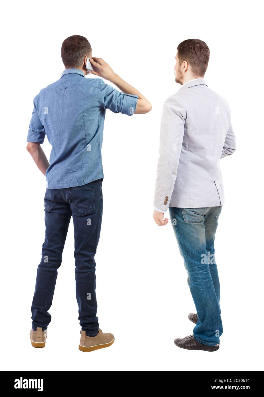 Back view of two business man in suit with mobile phone. Business team ...